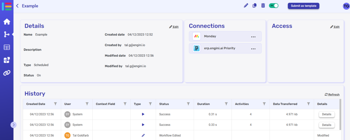 Workflow details | Engini.io